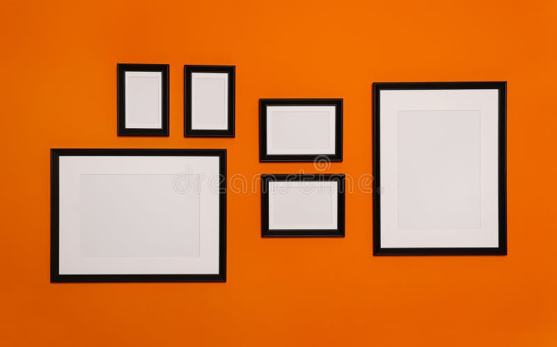 Empty Frames Hanging on Orange Wall. Mockup for Design Stock ...