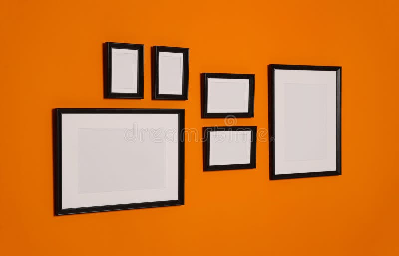 Empty Frames Hanging on Orange Wall. Mockup for Design Stock ...