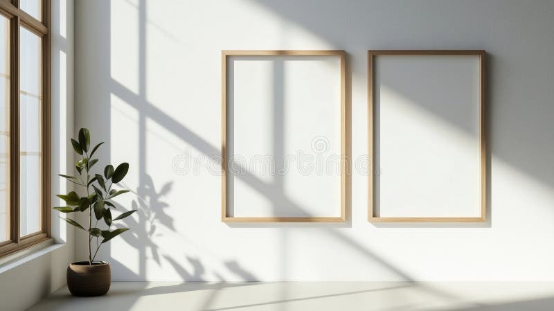 Empty Frames on Wall with Natural Light and Plant Stock Photo - Image ...