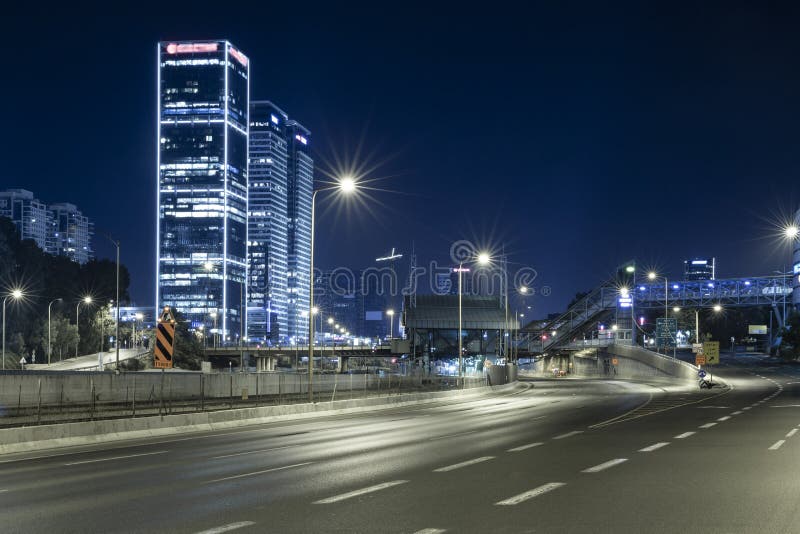 Empty Freeway at Night and Tel Aviv in Background Stock Photo - Image ...