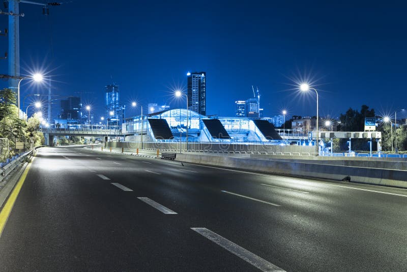 Empty Freeway at Night and Tel Aviv Cityscape Stock Image - Image of ...