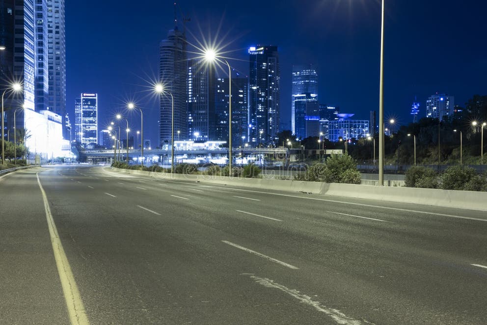 Empty Freeway at Night and Tel Aviv Skyline in Background Stock Image ...