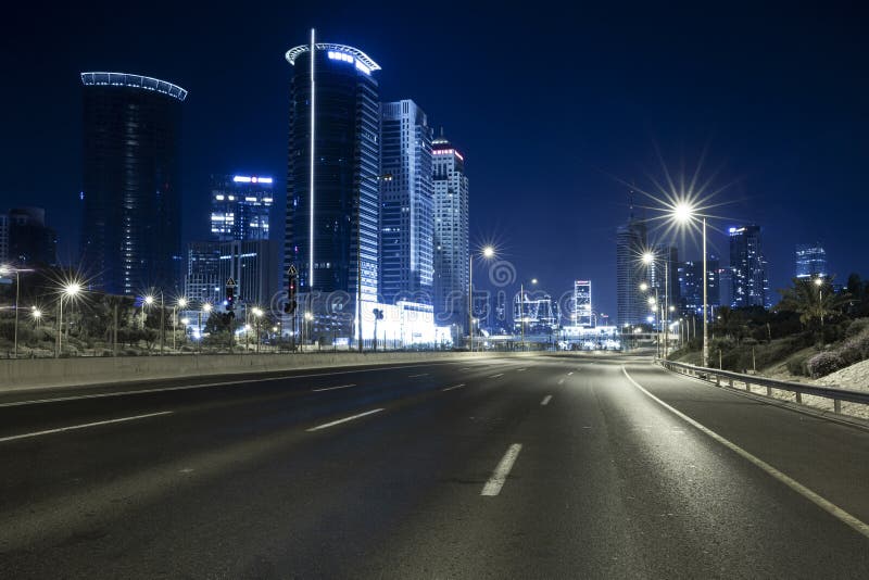 Empty Freeway at Night and Tel Aviv in Background Stock Photo - Image ...