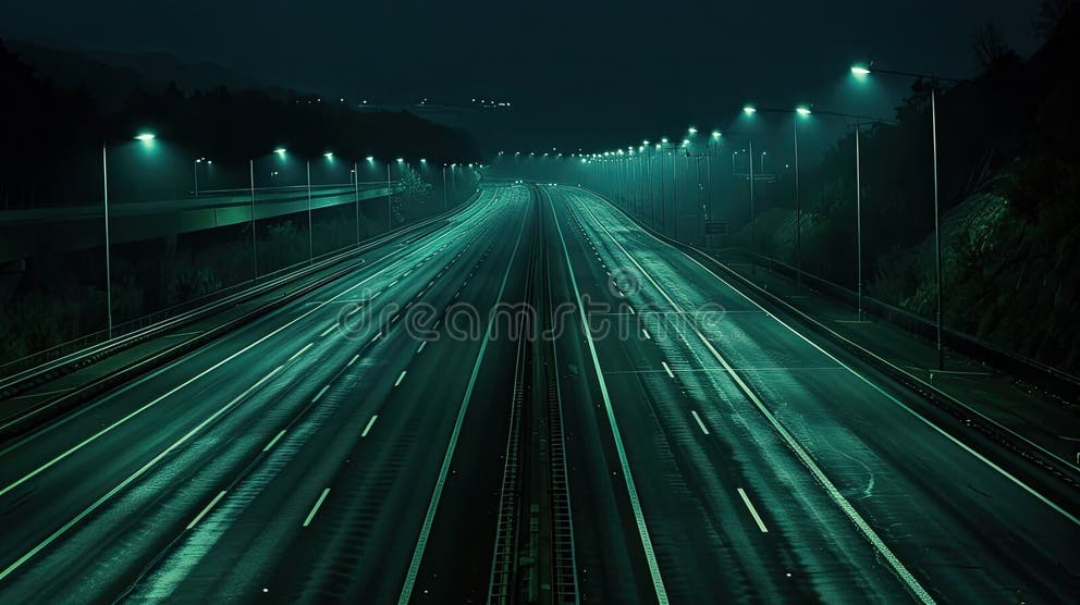 An Empty Freeway Stretching into the Darkness of the Night, Devoid of ...