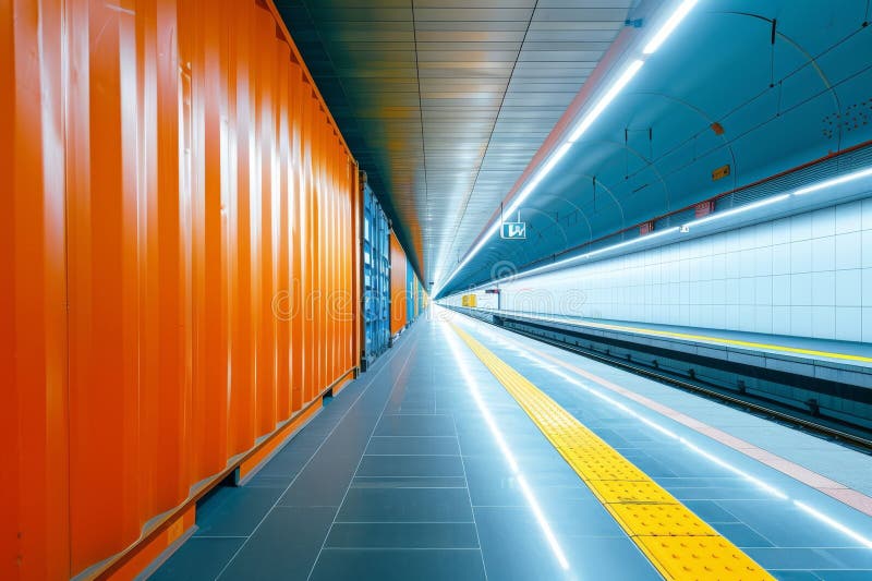 Empty Freight Train Corridor in Modern Subway Station with Vivid Colors ...
