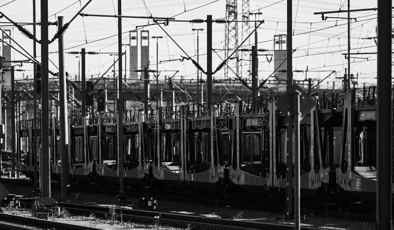Empty Freight Train with Floors for Car Transport in Marshalling Yard ...