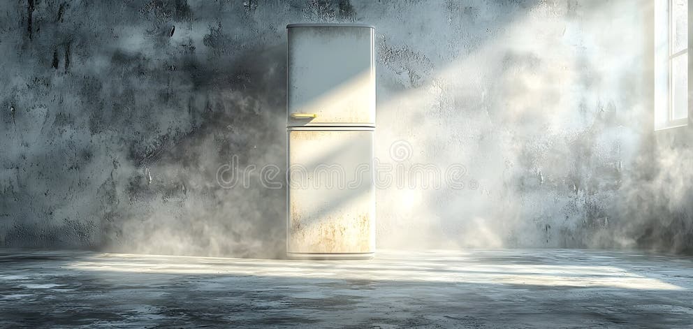 An Empty Fridge Standing Alone in a Dusty Room with Light Streaming ...