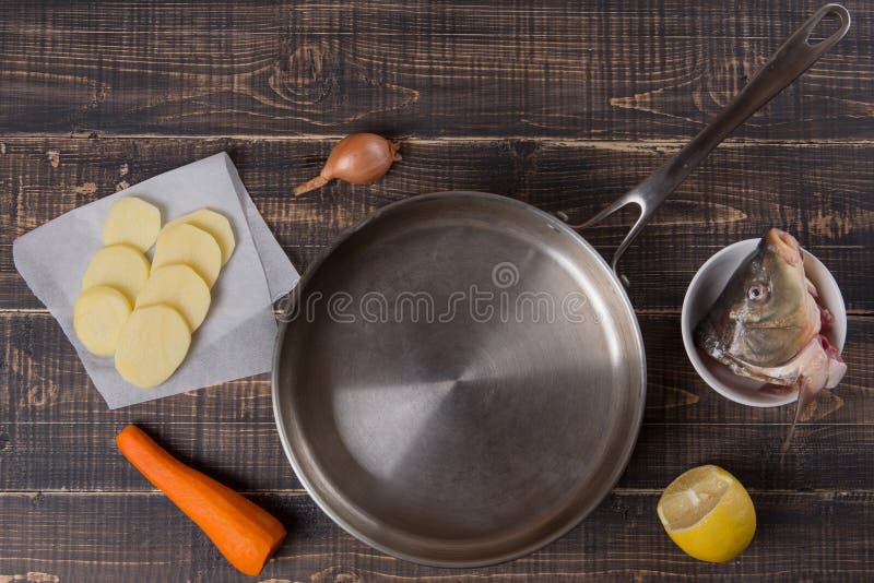 Empty Frying Pan, Chopped Vegetables and Fish, Cooking Fish Dishes ...
