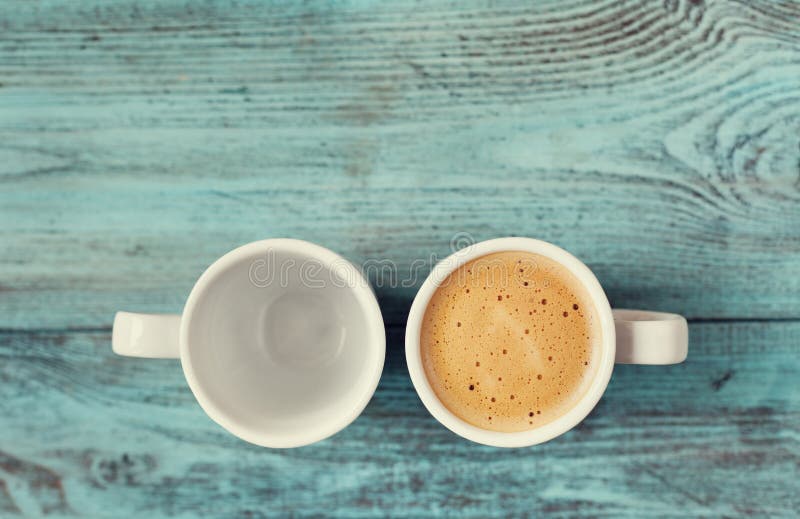 Empty and Full Cup of Fresh Coffee on Vintage Blue Table Stock Photo ...
