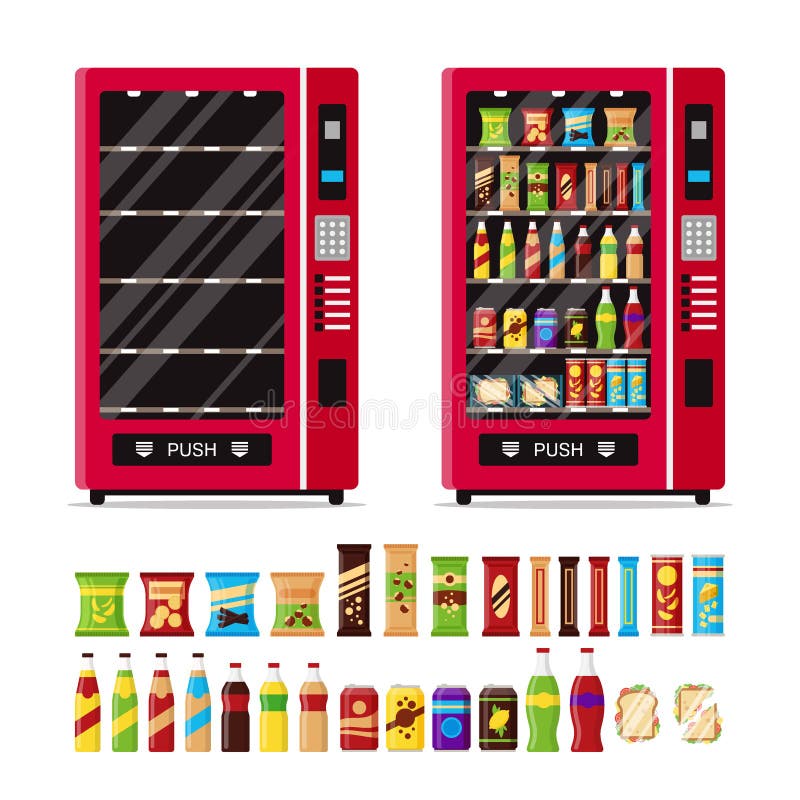 Full Vending Machine with Fast Food Snacks and Drinks Isolated on White ...