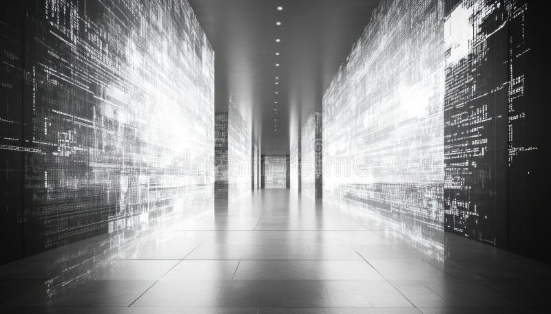 Empty Futuristic Corridor with Digital Code Walls Stock Image - Image ...