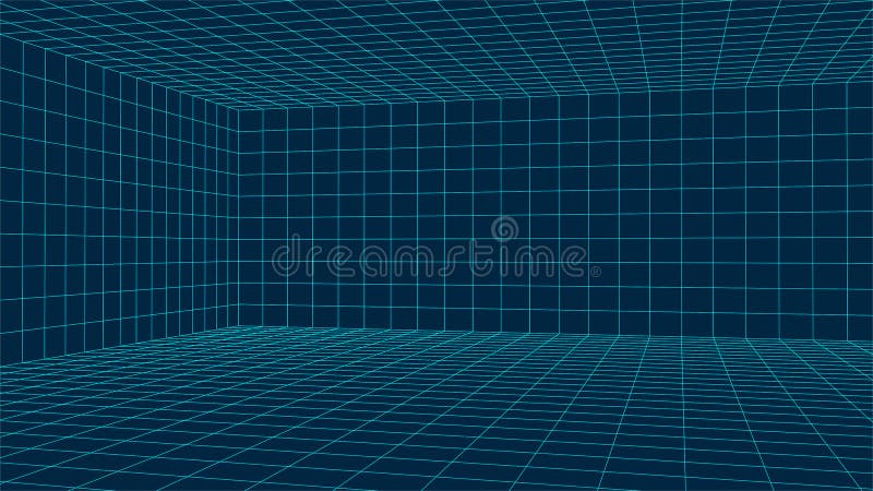 Empty Futuristic 3D Wireframe Room. Vector Perspective Grid. Cyberspace ...