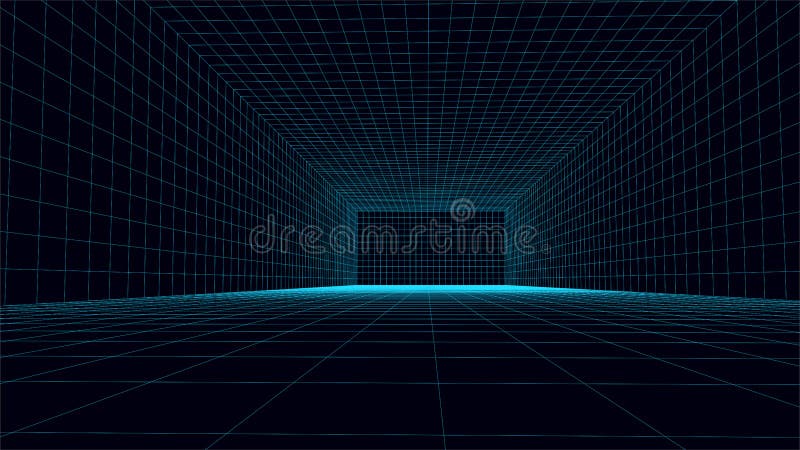 Empty Futuristic 3D Wireframe Room. Vector Perspective Grid. Cyberspace ...