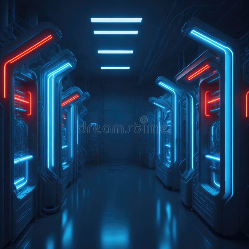 Empty Futuristic Sci-Fi Science Laboratory, Neon Lights on Wall and ...