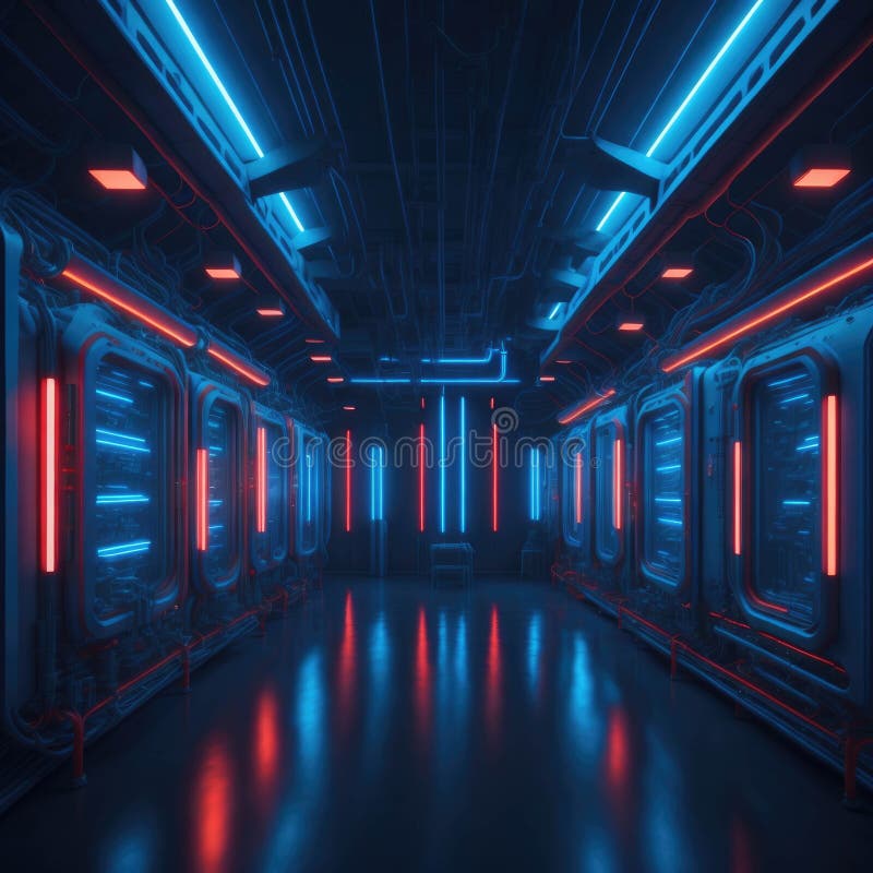Empty Futuristic Sci-Fi Science Laboratory, Neon Lights on Wall and ...