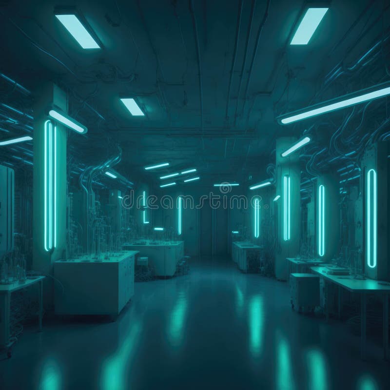 Empty Futuristic Sci-Fi Science Laboratory, Neon Lights on Wall and ...