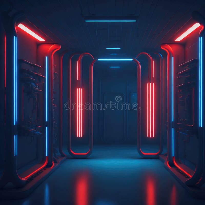 Empty Futuristic Sci-Fi Science Laboratory, Neon Lights on Wall and ...