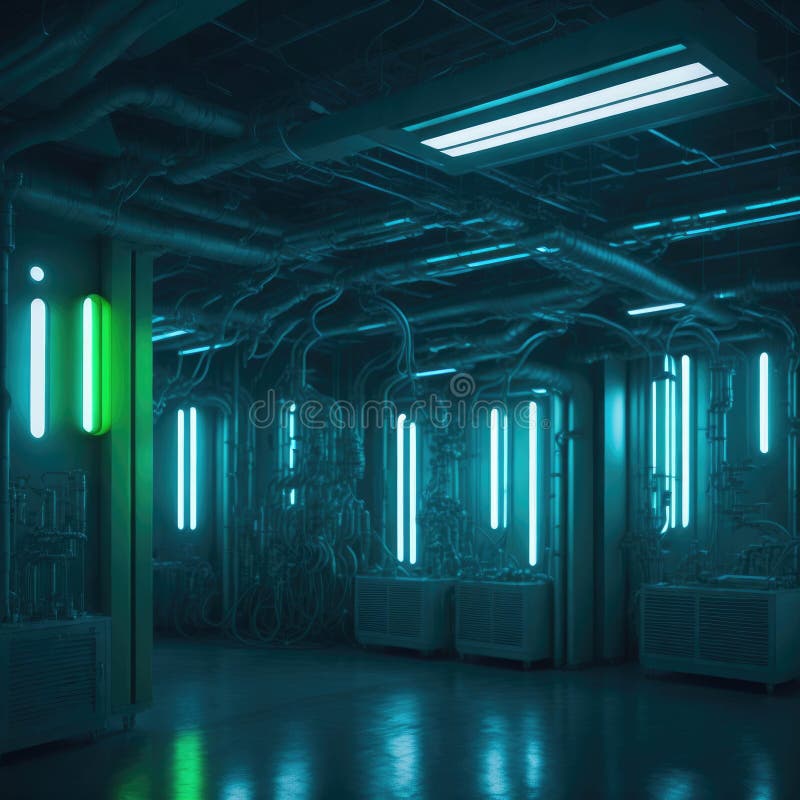 Empty Futuristic Sci-Fi Science Laboratory, Neon Lights on Wall and ...