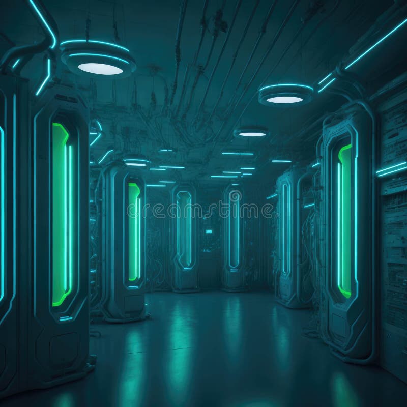 Empty Futuristic Sci-Fi Science Laboratory, Neon Lights on Wall and ...