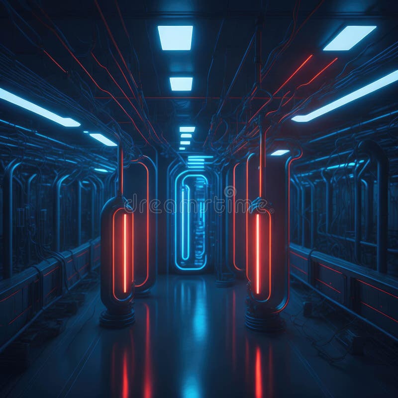 Empty Futuristic Sci-Fi Science Laboratory, Neon Lights on Wall and ...