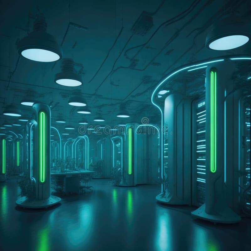 Empty Futuristic Sci-Fi Science Laboratory, Neon Lights on Wall and ...