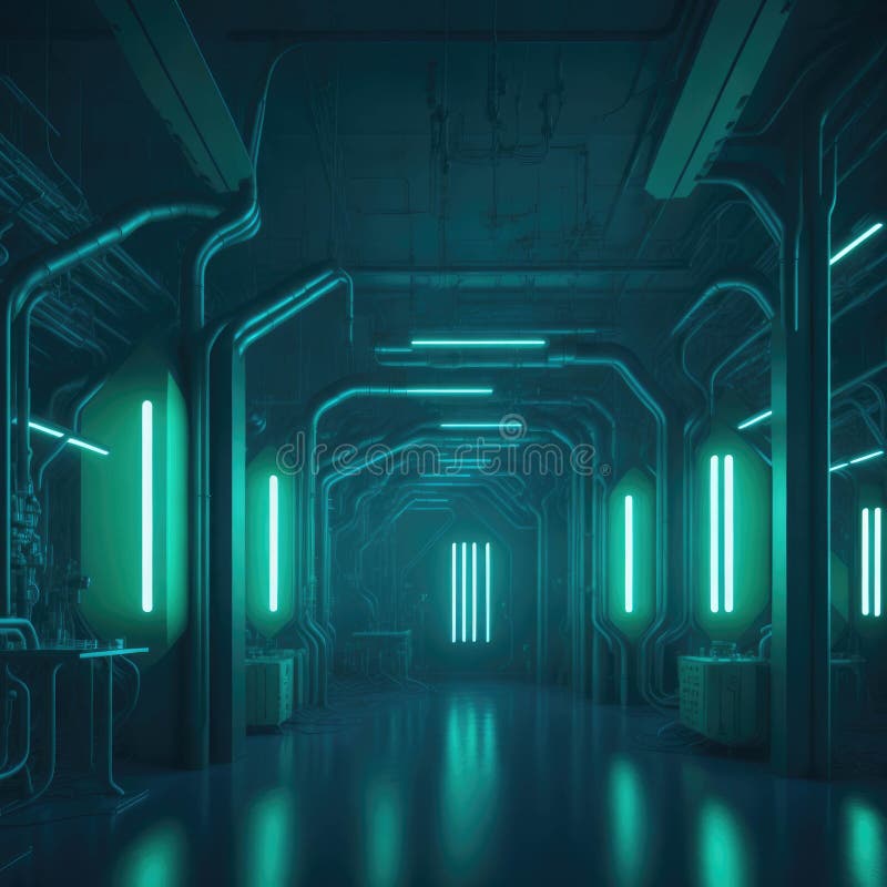 Empty Futuristic Sci-Fi Science Laboratory, Neon Lights on Wall and ...
