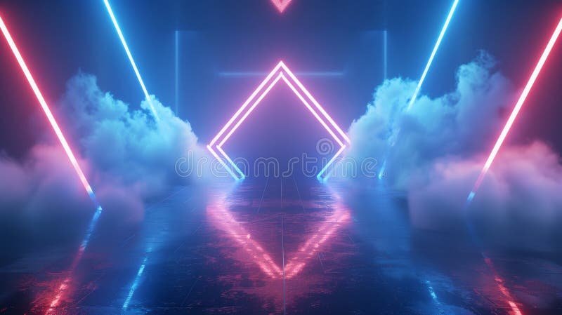 Empty Futuristic Stage with Glowing Neon Rhombus Shape and a Cloud in ...