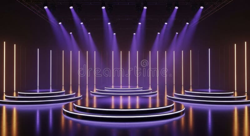 Empty Futuristic Stage with Multiple Platforms Illuminated by Purple ...
