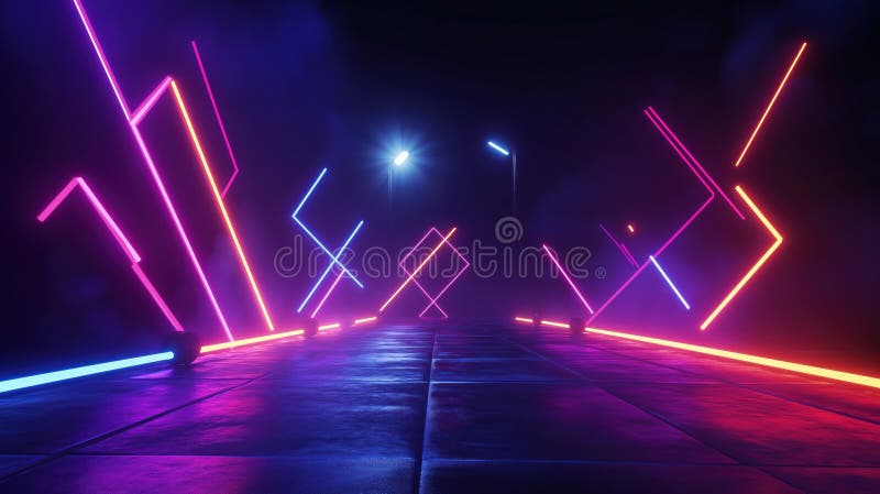 Empty Futuristic Studio Scene at Night. Neon Lights Create Geometric ...