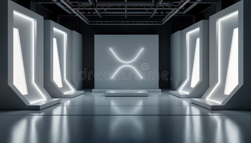 Empty Futuristic Studio Set with Glowing White Panels. Modern, Tech ...