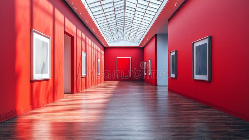 Empty Gallery Interior with Red Walls, White Frames and Sunlight from ...