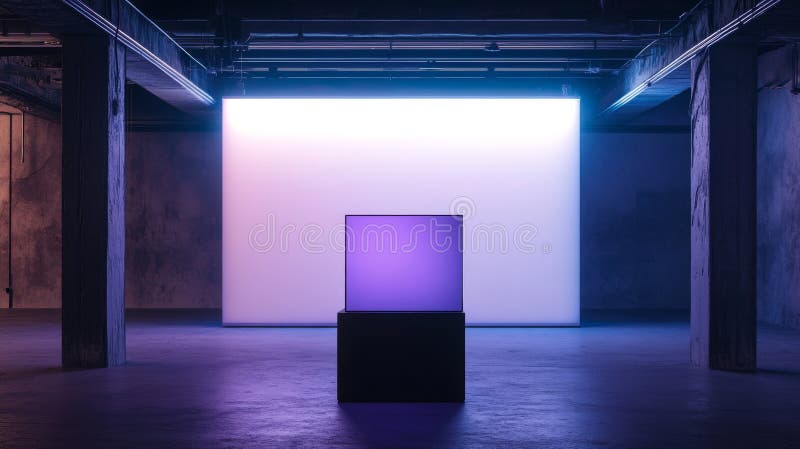 An Empty Gallery with Purple Lighting, a Pedestal, and a Blank Screen ...