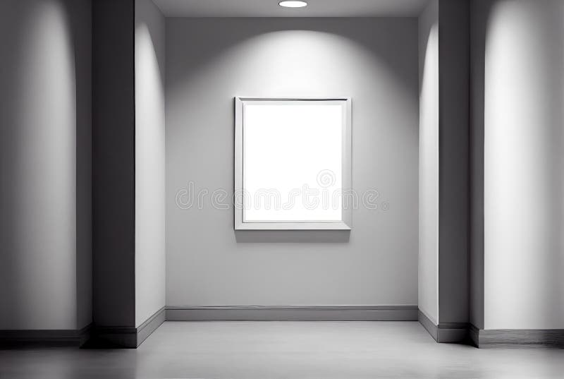 Empty Gallery Room with Clear Picture Frame Sample on Light Gray Wall ...