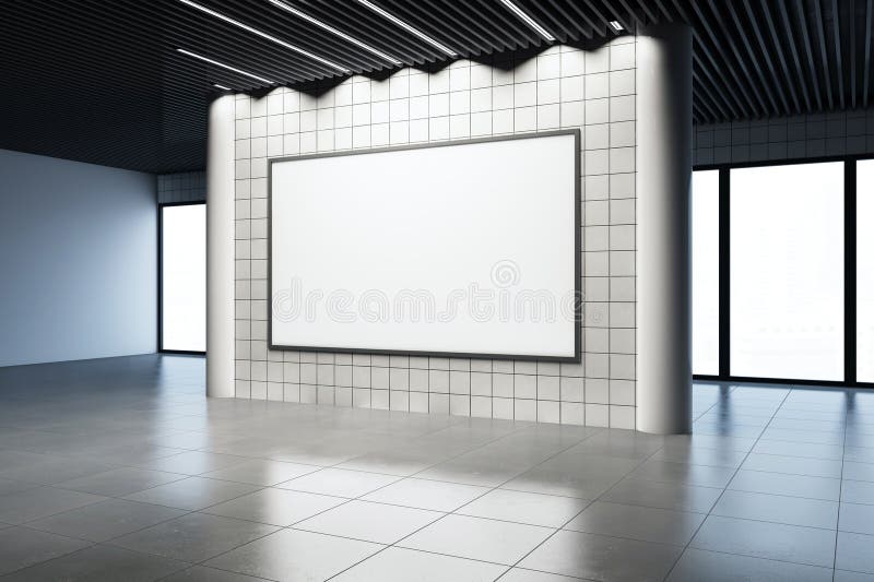 Empty Gallery Room with a Large Blank Poster on Tiled Wall and Modern ...
