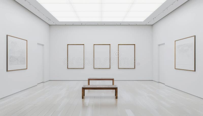 Empty Gallery Room with Three Framed Artwork and Bench Stock Image ...