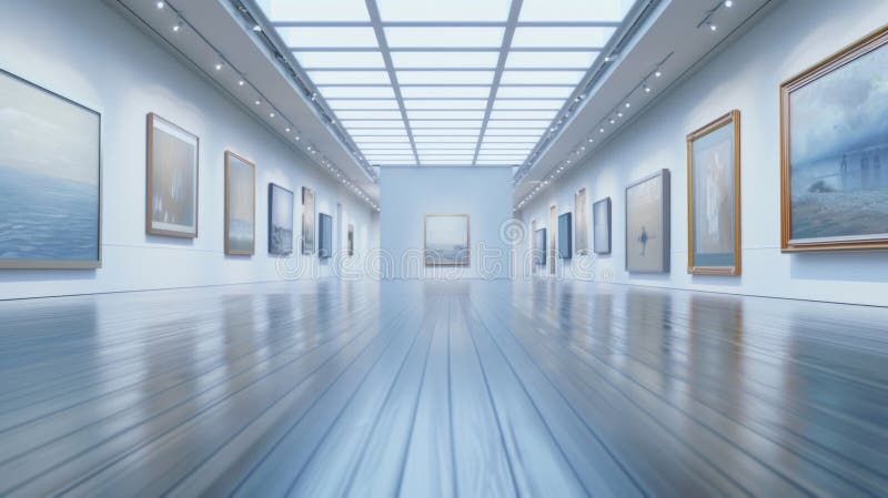 An Empty Gallery Space Filled with Rows of Neatly Hung Paintings Ready ...