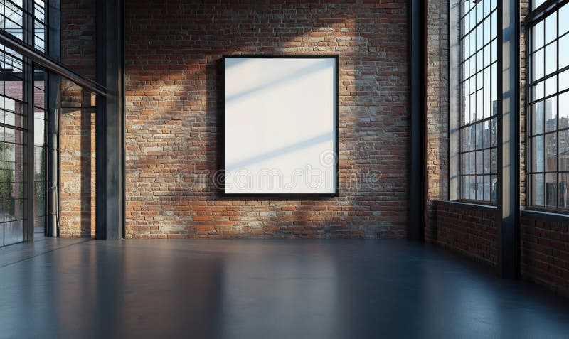 Empty Gallery Space with Large Blank Frame on Brick Wall and Natural ...
