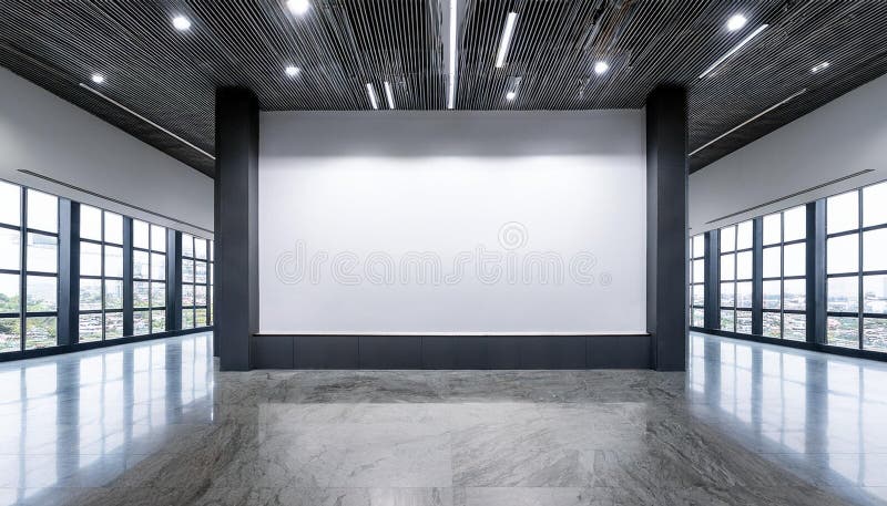 An Empty Gallery Space with a Large Blank White Wall, Marble Floor ...