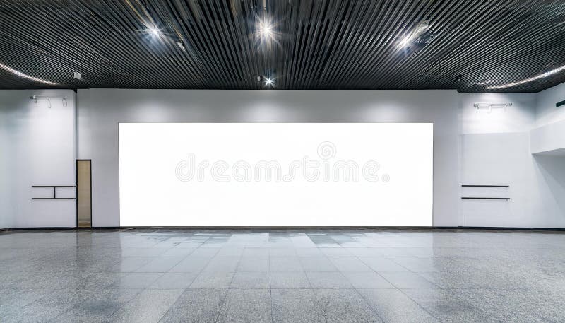 An Empty Gallery Space with a Large Blank White Wall, Marble Floor ...