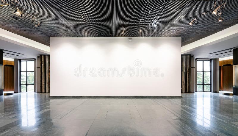 An Empty Gallery Space with a Large Blank White Wall, Marble Floor ...