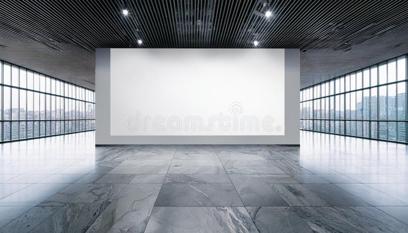 An Empty Gallery Space with a Large Blank White Wall, Marble Floor ...