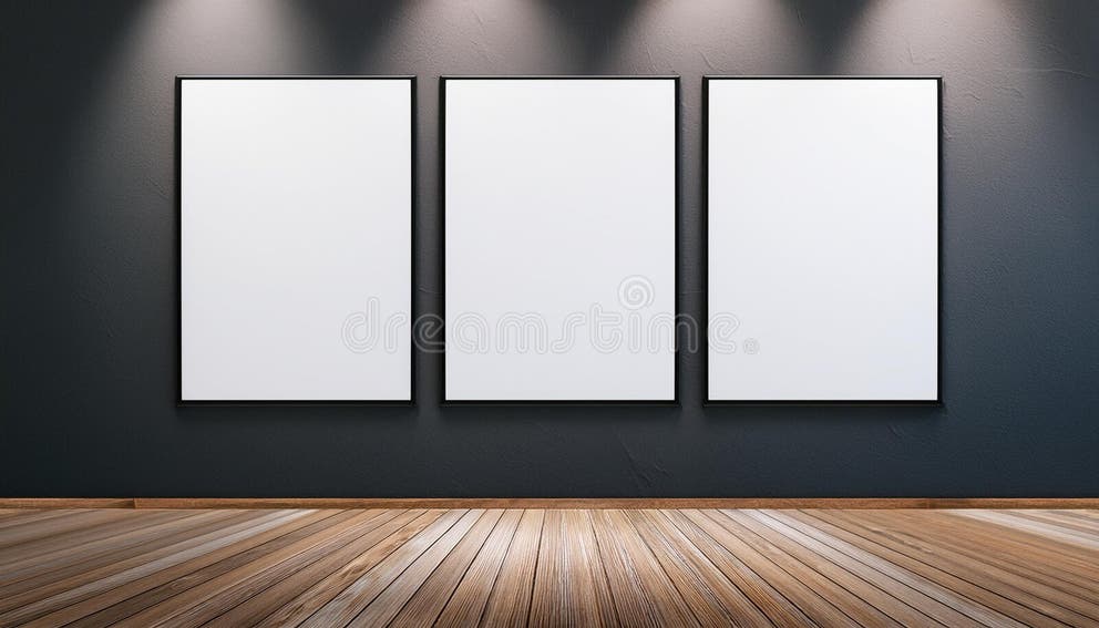 Empty Gallery Wall with Three Blank Posters in a Modern Interior. 3D Rendering Stock ...