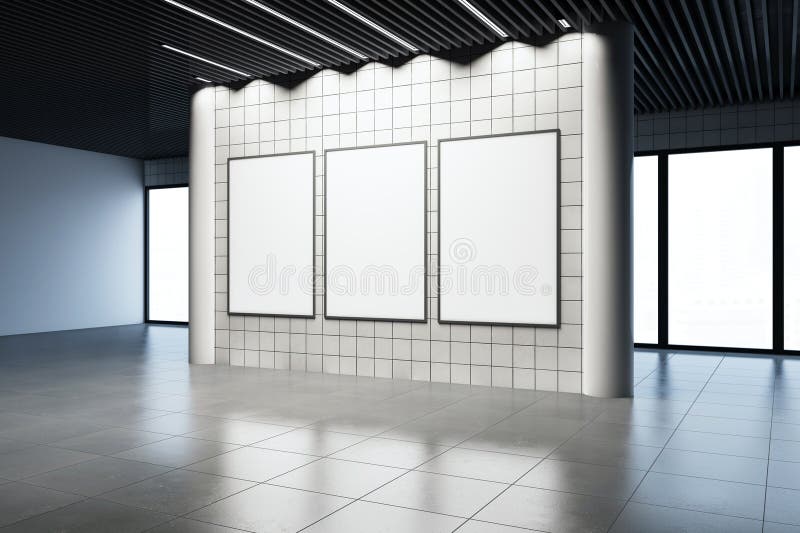 Empty Gallery Wall with Three Blank Posters in a Modern Interior. 3D ...
