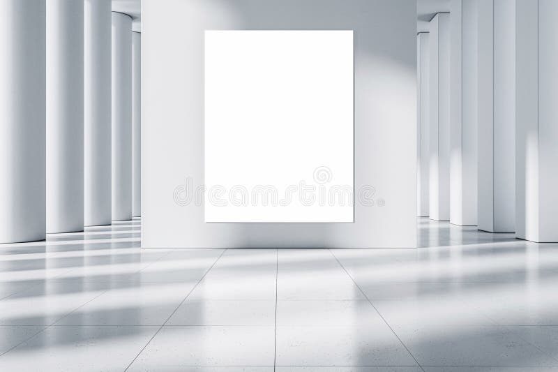 An Empty Gallery with White Pillars and Walls, a Blank Canvas, Light ...