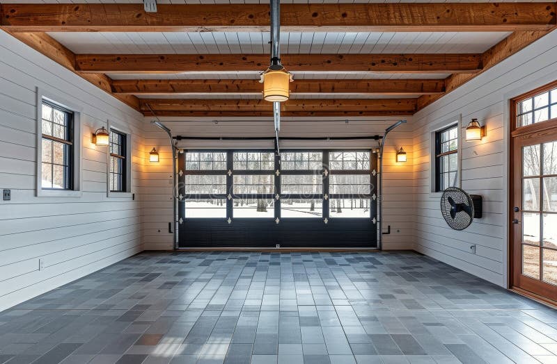 Empty Garage with Open Garage Door at Night Stock Photo - Image of ...
