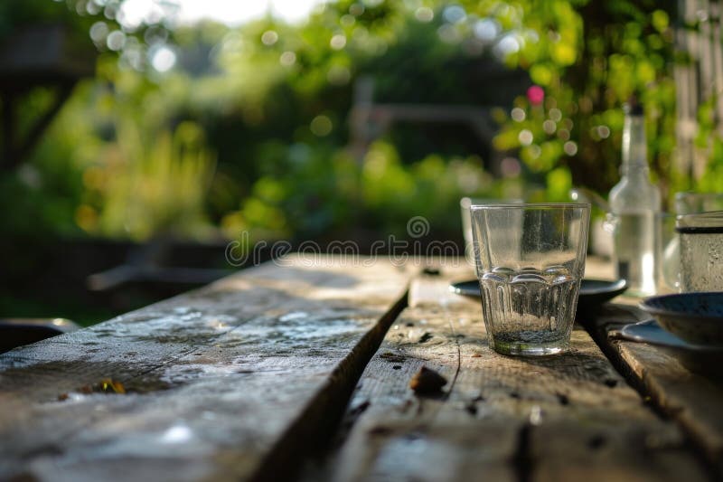 An Empty Garden Table with Dinnerware on it Stock Image - Image of ...