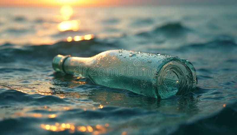 Empty Glass Bottle with White Message on Ocean Surface. Pristine ...