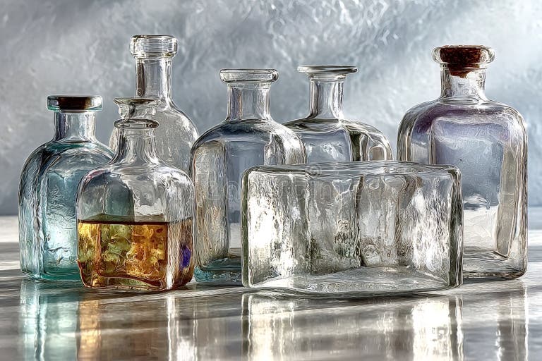 Empty Glass Bottles and a Rectangular Prism Reflecting on Table Stock ...