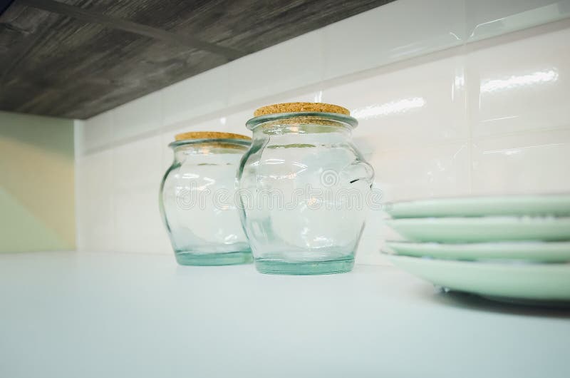Empty Glass Containers on the Kitchen Shelf Stock Image - Image of ...