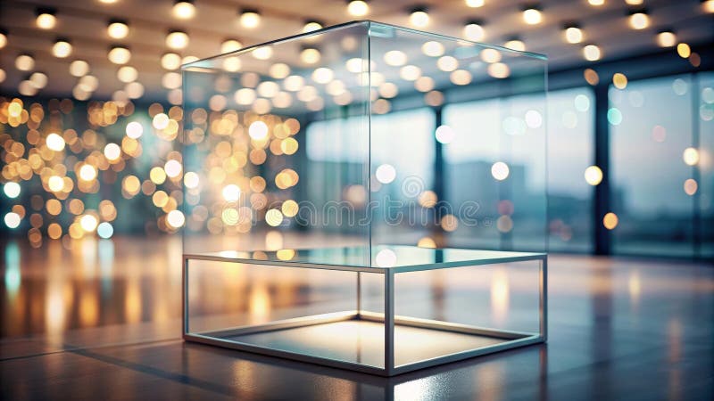 Empty Glass Cube Display Case in a Modern Setting with Warm Lighting ...